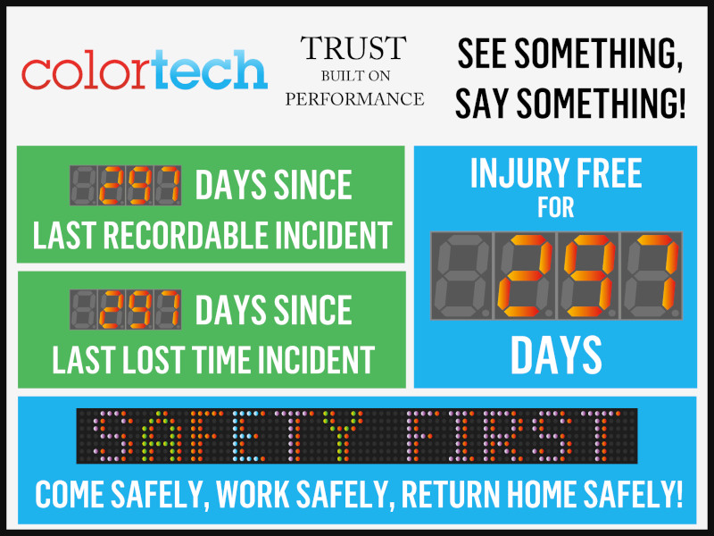 Sign with three displays and wide scrolling message
